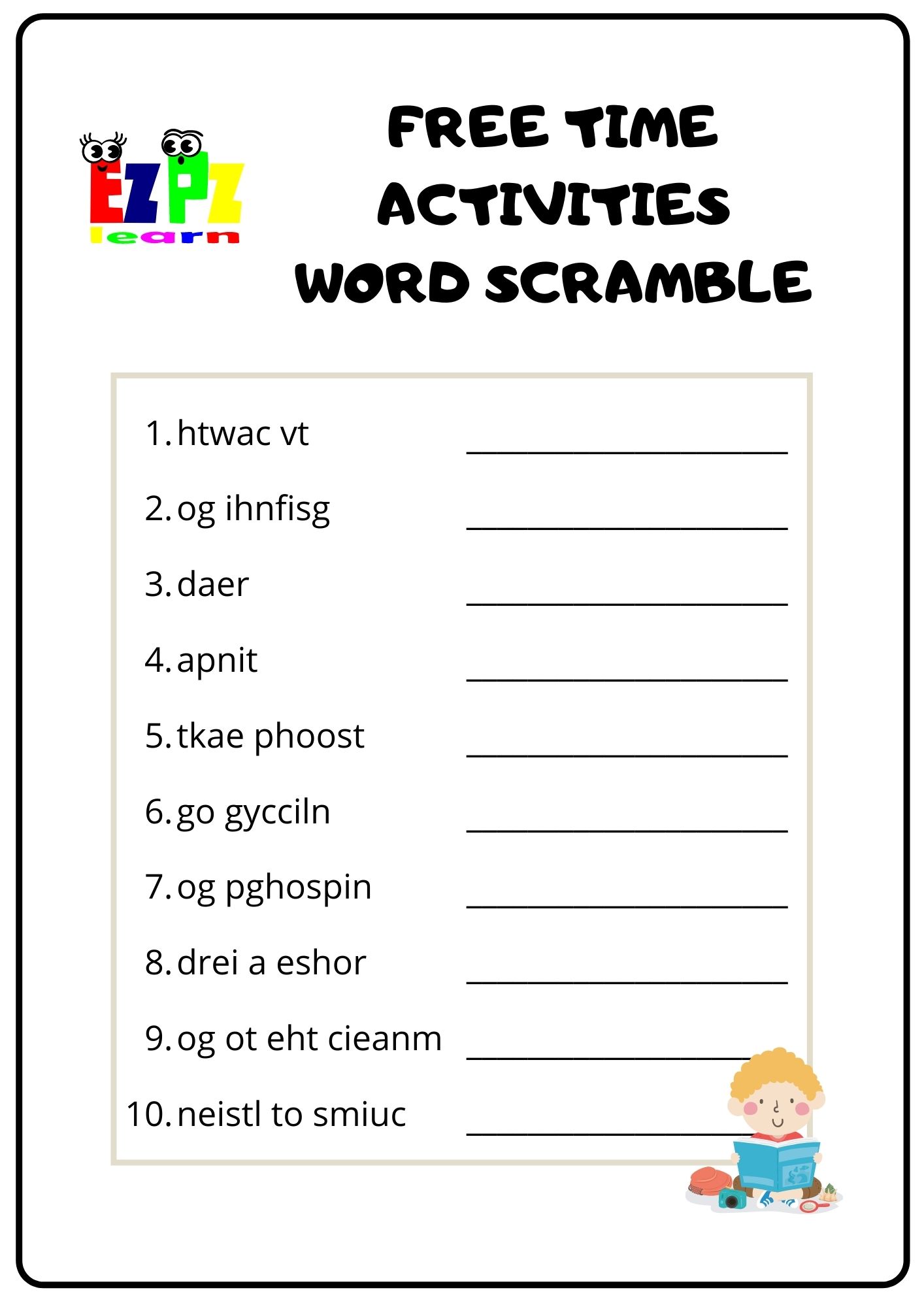 Free Time Activities Word Scramble Ezpzlearn Free Time Activities Word Scramble Ezpzlearn